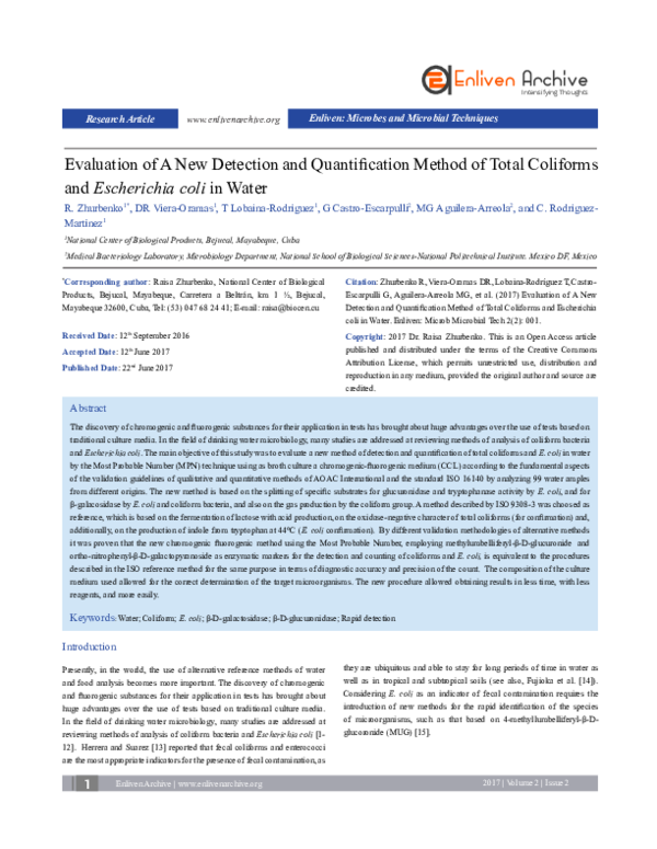 (PDF) Evaluation of A New Detection and Quantification Method of Total Coliforms and Escherichia ...