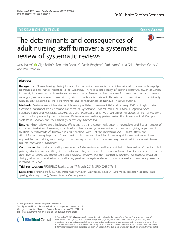 (PDF) The determinants and consequences of adult nursing staff turnover: a systematic review of ...