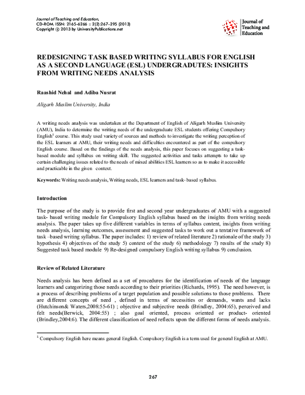 (PDF) REDESIGNING TASK BASED WRITING SYLLABUS FOR ENGLISH AS A SECOND ...