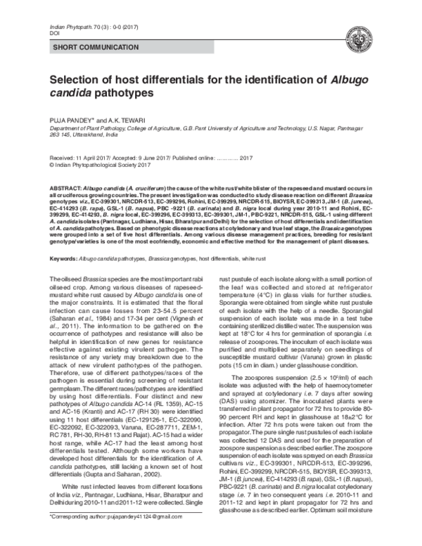 (PDF) Selection of host differentials for the identification of Albugo candida pathotypes