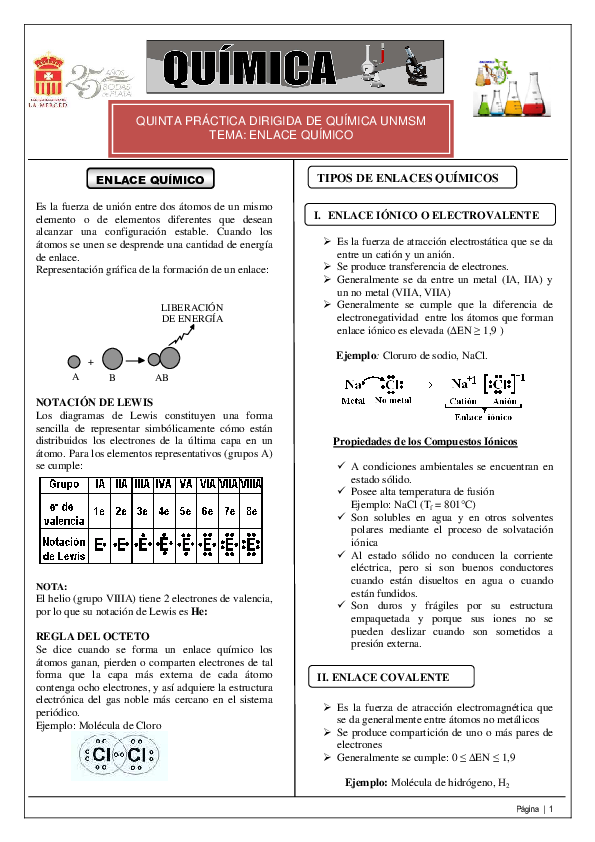 (PDF) QUINTA PRÁCTICA DIRIGIDA DE QUÍMICA UNMSM TEMA: ENLACE QUÍMICO
