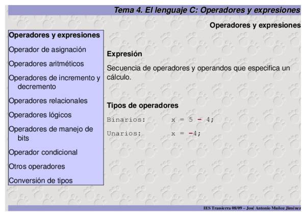 (PDF) Tema 4. El lenguaje C: Operadores y expresiones Tema 4. El ...