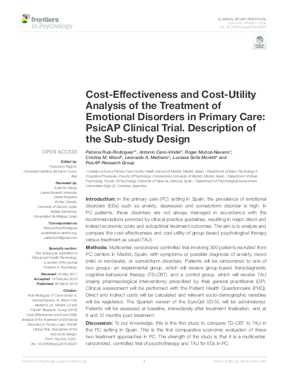 (PDF) Cost-Effectiveness and Cost-Utility Analysis of the Treatment of Emotional Disorders in ...