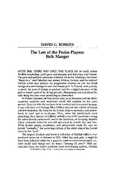 (PDF) David G. Roskies, “The Last of the Purim Players: Itzik Manger ...