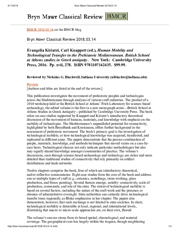 (PDF) Review of: Evangelia Kiriatzi, Carl Knappett (ed.), 2016. Human ...