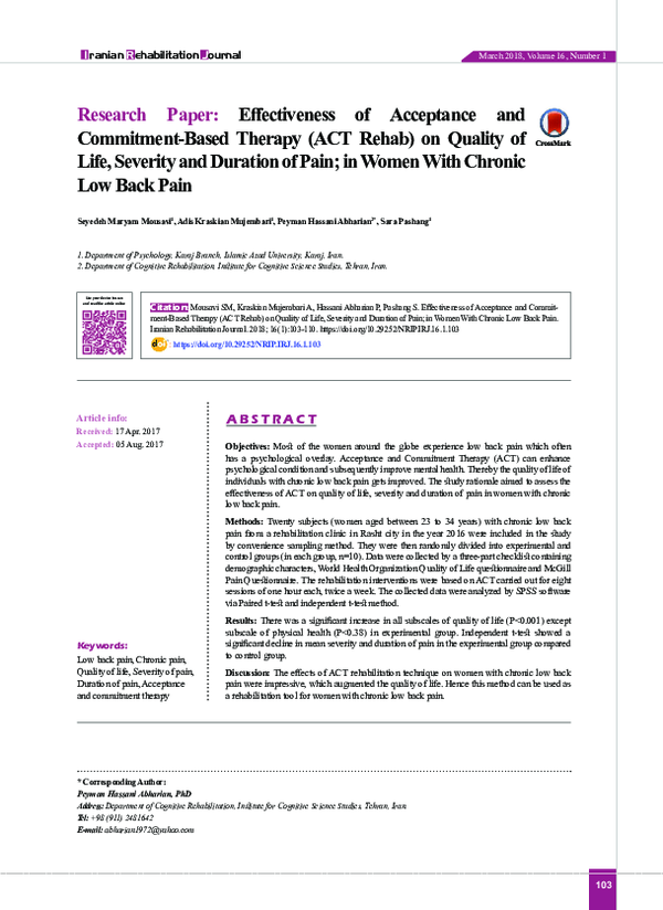 (PDF) Research Paper: Effectiveness of Acceptance and Commitment-Based Therapy (ACT Rehab) on ...