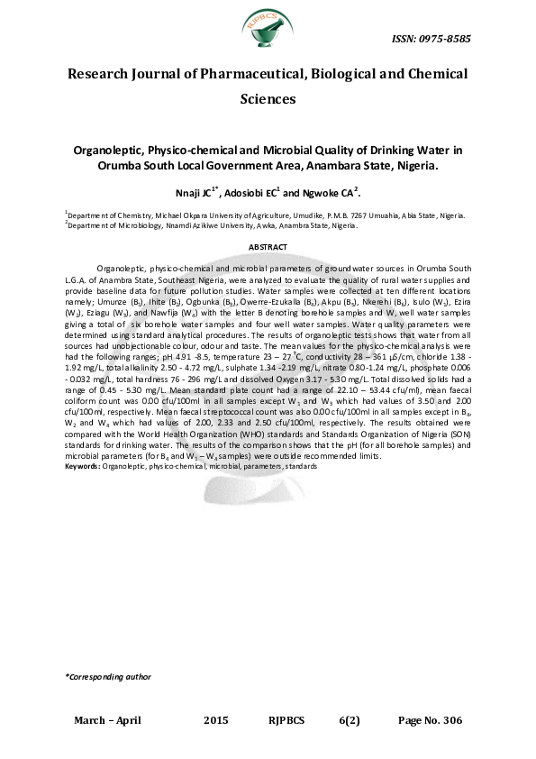 (PDF) Organoleptic, Physico-chemical and Microbial Quality of Drinking Water in Orumba South ...