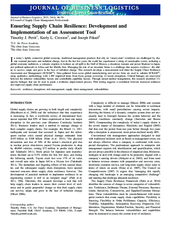 (PDF) Ensuring Supply Chain Resilience: Development and Implementation of an Assessment Tool