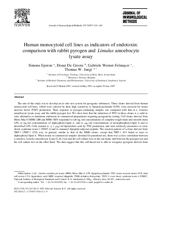 Pdf Human Monocytoid Cell Lines As Indicators Of Endotoxin Comparison With Rabbit Pyrogen And