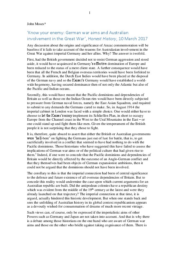 (PDF) "Know your enemy": German war aims and Australian involvement in ...