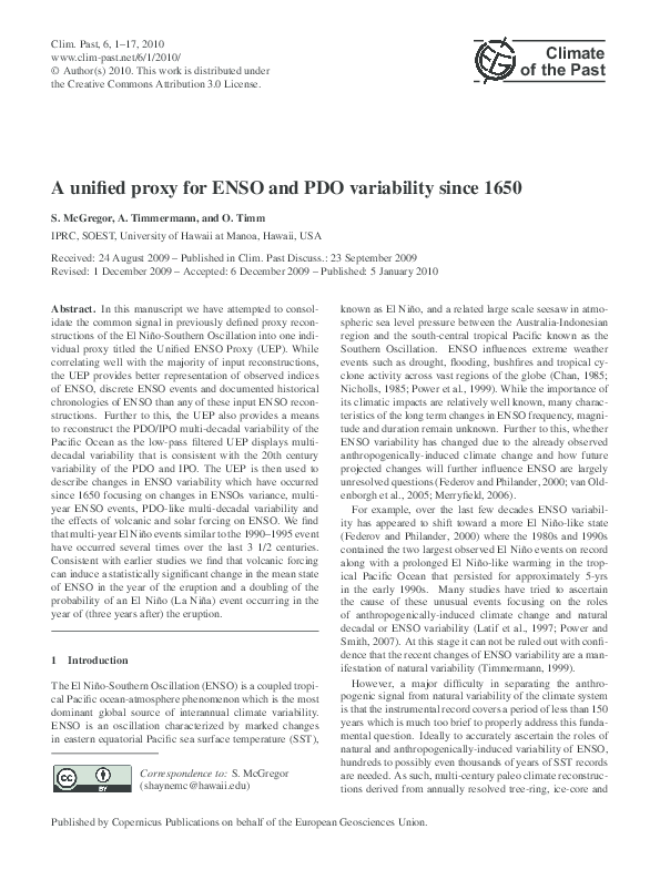 (PDF) A unified proxy for ENSO and PDO variability since 1650