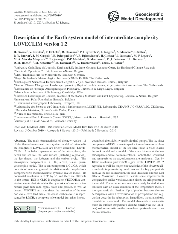 (PDF) Description of the Earth system model of intermediate complexity LOVECLIM version 1.2