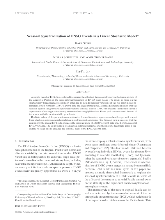 Pdf Seasonal Synchronization Of Enso Events In A Linear Stochastic Model