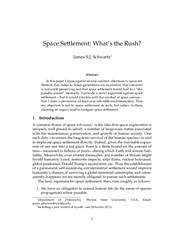 (PDF) Space Settlement: What's the Rush?