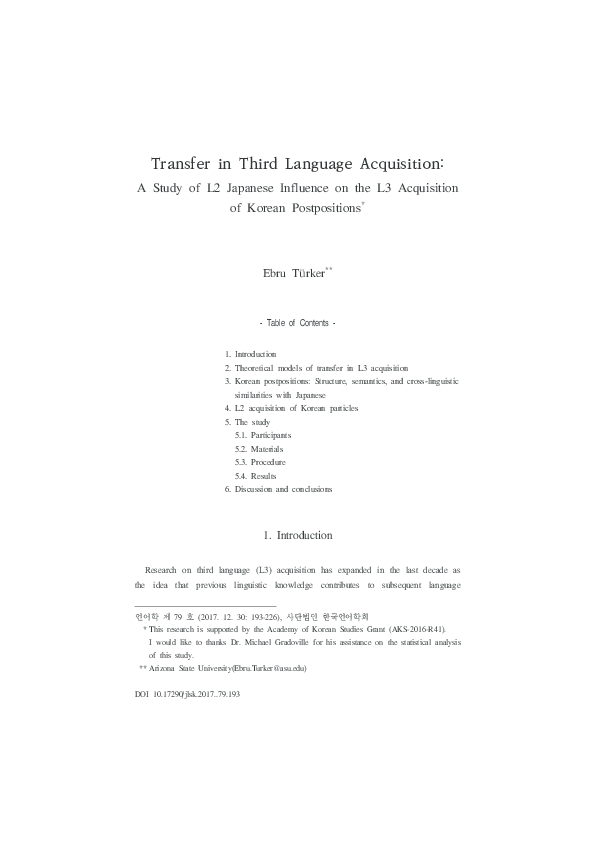 (PDF) Transfer in Third Language Acquisition: A Study of L2 Japanese ...