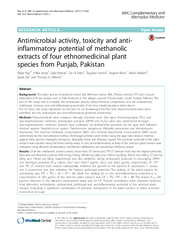 (PDF) Antimicrobial activity, toxicity and anti- inflammatory potential of methanolic extracts ...