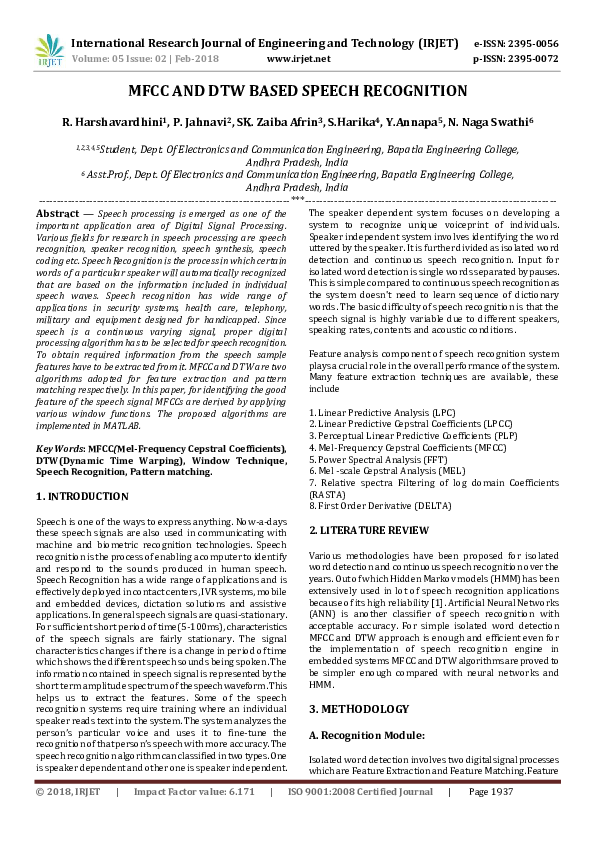 Pdf Mfcc And Dtw Based Speech Recognition