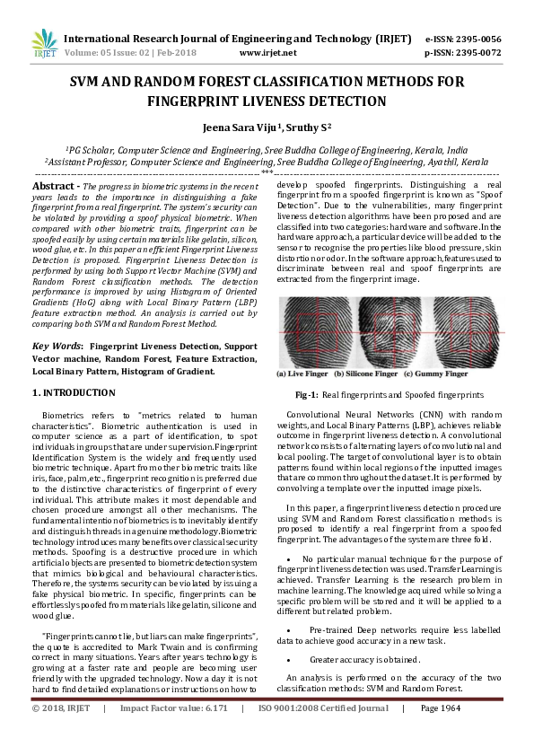 (PDF) SVM AND RANDOM FOREST CLASSIFICATION METHODS FOR FINGERPRINT LIVENESS DETECTION