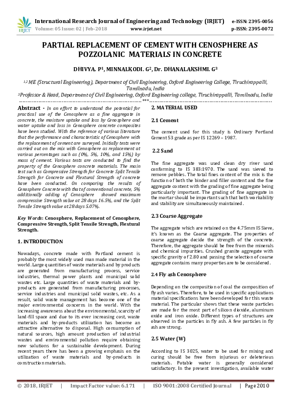 (PDF) PARTIAL REPLACEMENT OF CEMENT WITH CENOSPHERE AS POZZOLANIC MATERIALS IN CONCRETE