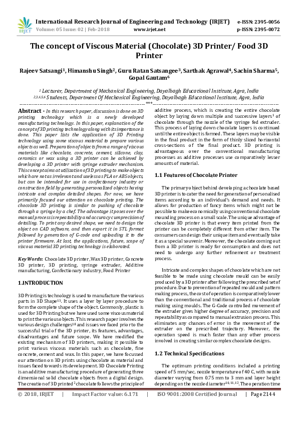 (PDF) The concept of Viscous Material (Chocolate) 3D Printer/ Food 3D Printer