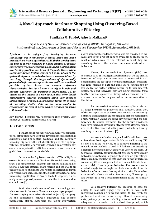 Pdf A Novel Approach For Smart Shopping Using Clustering Based Collaborative Filtering