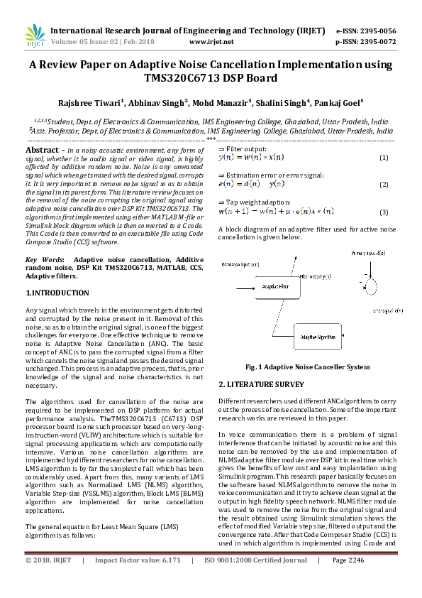 (PDF) A Review Paper on Adaptive Noise Cancellation Implementation using TMS320C6713 DSP Board