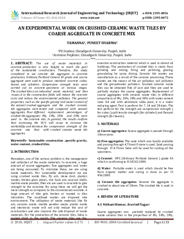 (PDF) AN EXPERIMENTAL WORK ON CRUSHED CERAMIC WASTE TILES BY COARSE ...
