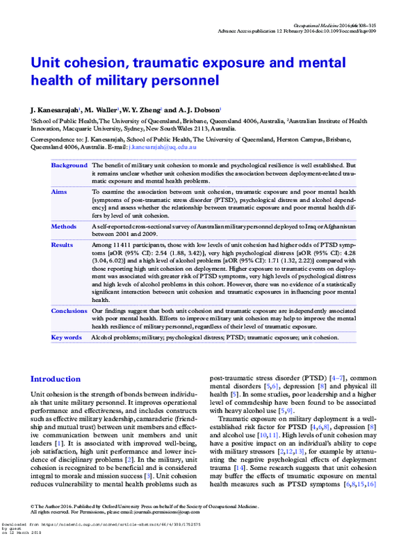 (PDF) Unit cohesion, traumatic exposure and mental health of military ...
