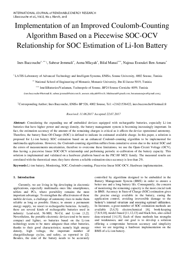 Pdf Implementation Of An Improved Coulomb Counting Algorithm Based On