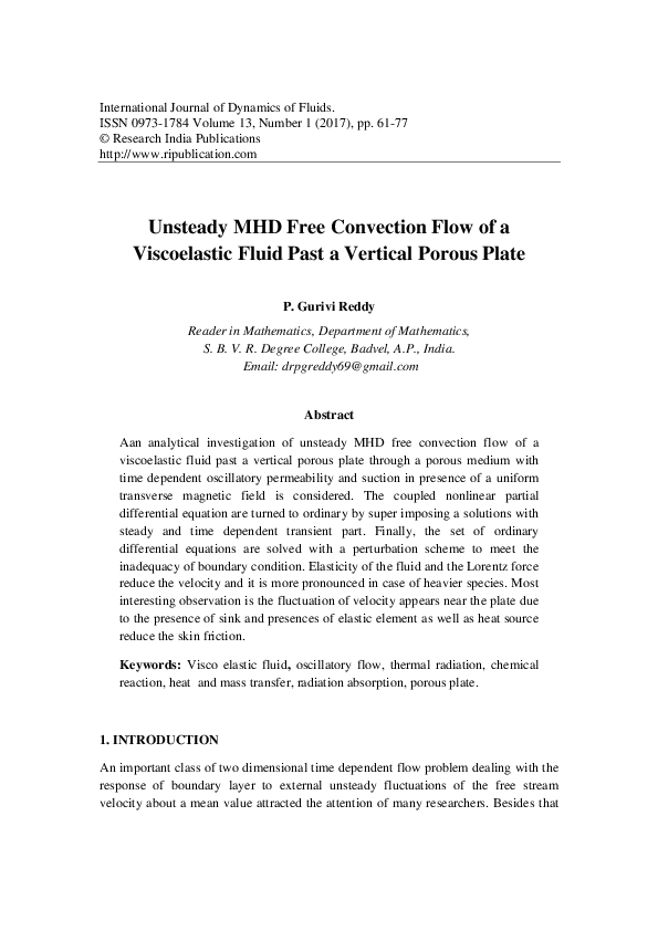 (PDF) Unsteady MHD Free Convection Flow of a Viscoelastic Fluid Past a Vertical Porous Plate