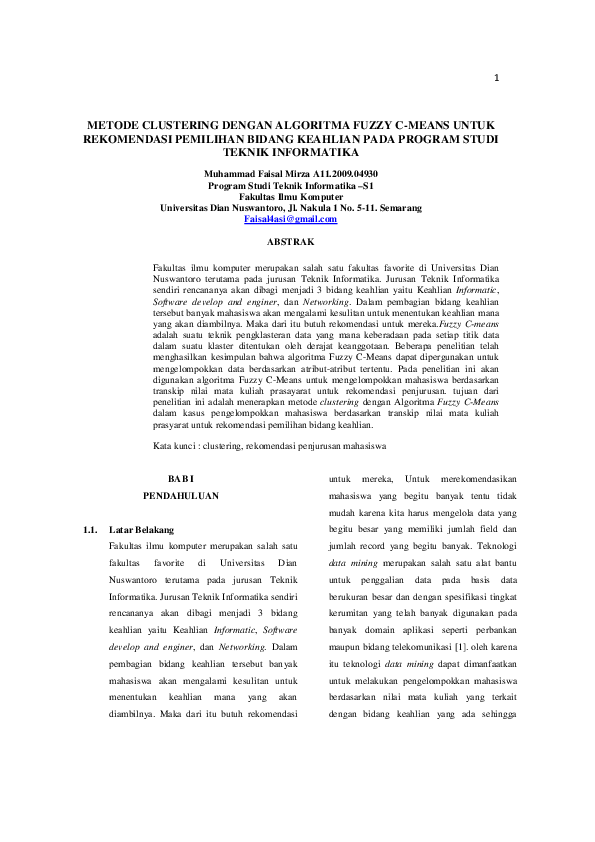 Pdf Metode Clustering Dengan Algoritma Fuzzy C Means Untuk Rekomendasi Pemilihan Bidang 4348