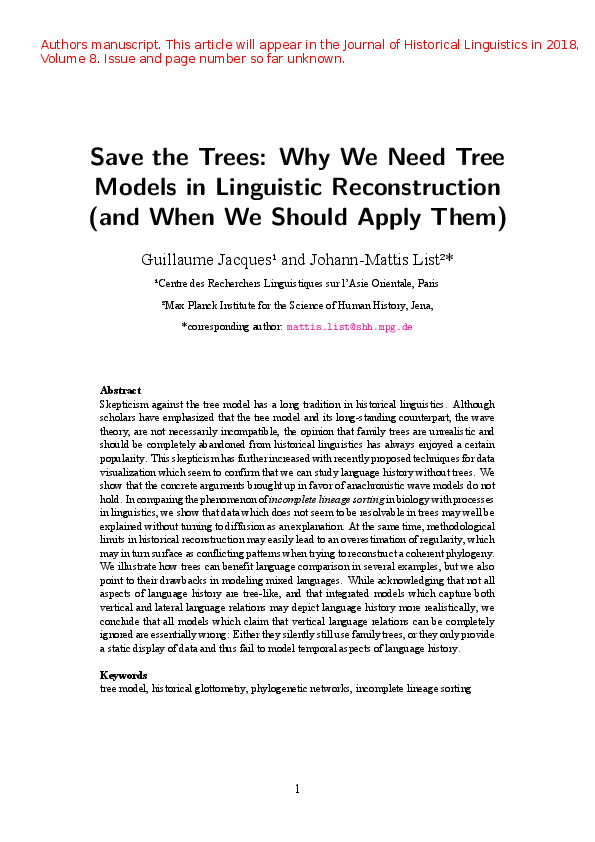(PDF) Save the Trees: Why we need tree models in linguistic reconstruction