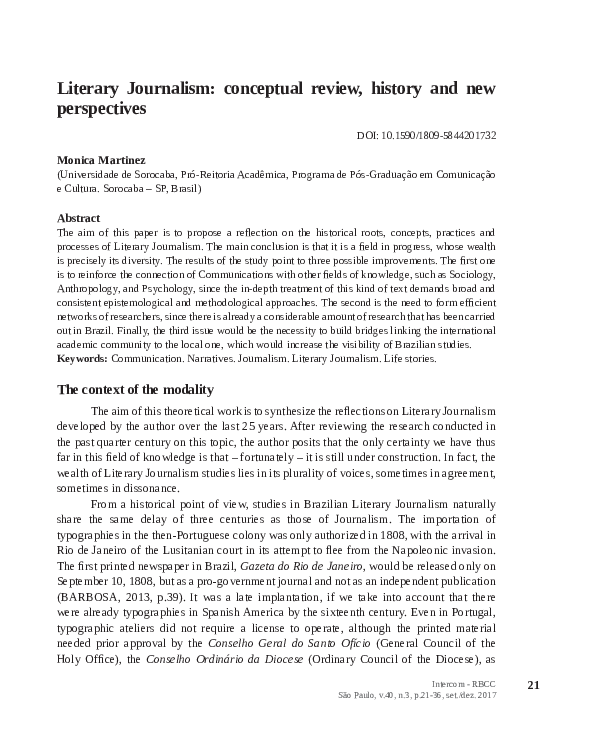 (PDF) Literary Journalism: conceptual review, history and new perspectives