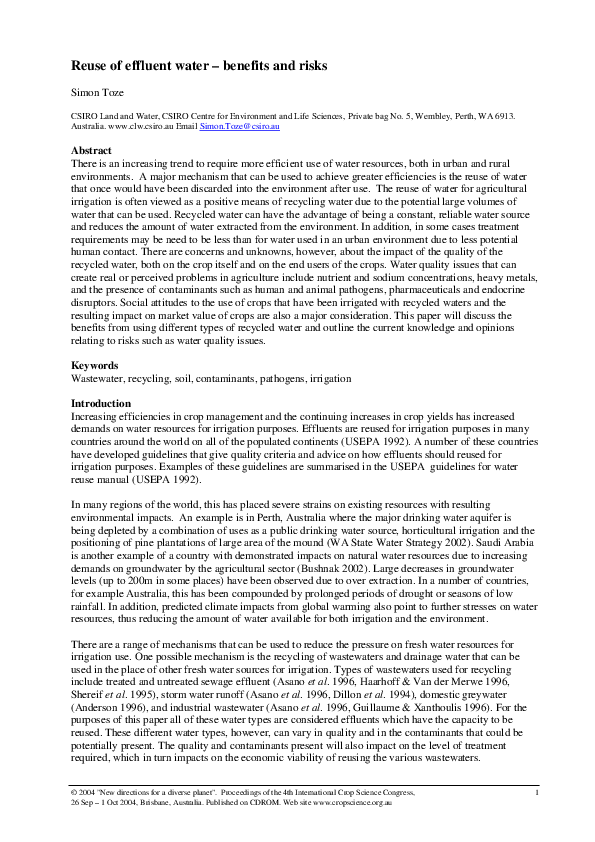 (PDF) Reuse of effluent water – benefits and risks