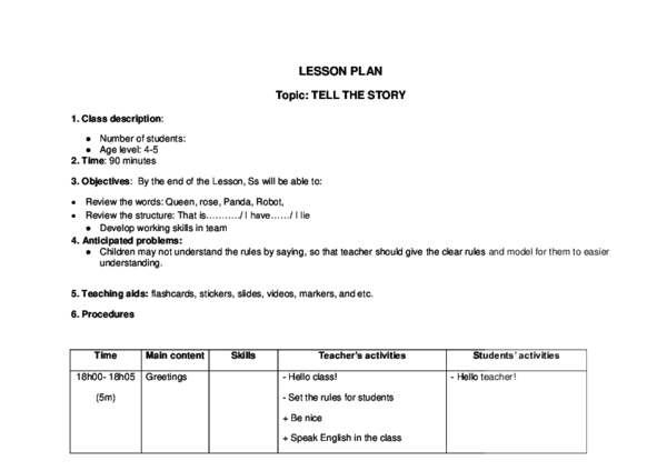 (DOC) LESSON PLAN Topic: TELL THE STORY
