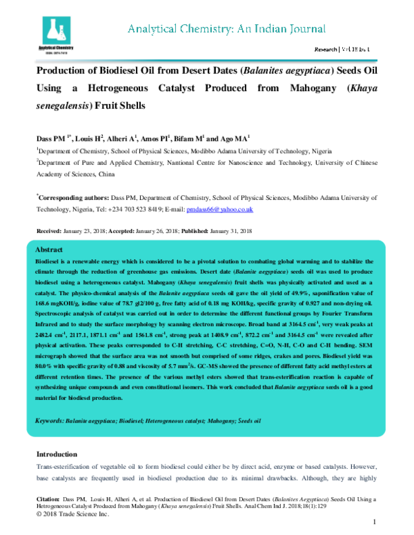 (PDF) Production of Biodiesel Oil from Desert Dates (Balanites ...