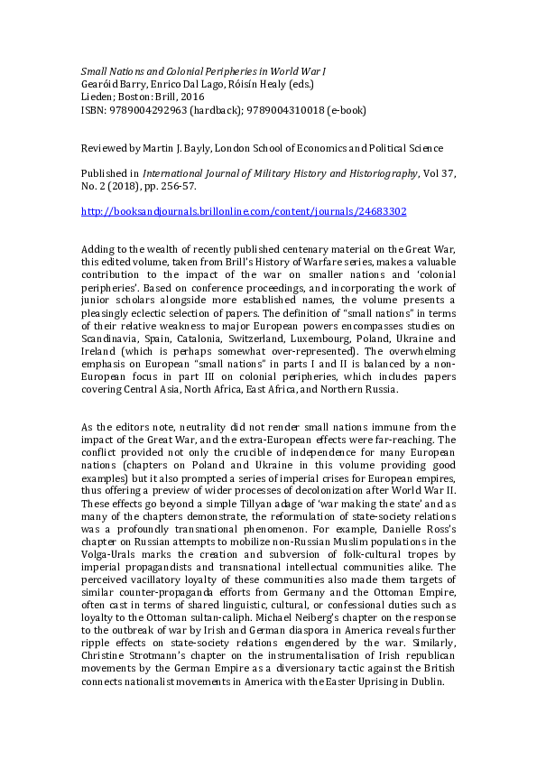 (PDF) Review of 'Small Nations and Colonial Peripheries in World War I ...