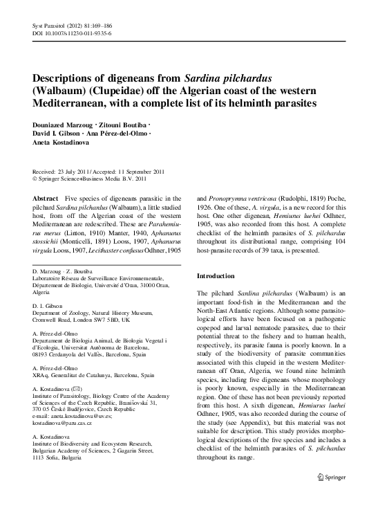 (PDF) Descriptions of digeneans from Sardina pilchardus (Walbaum ...