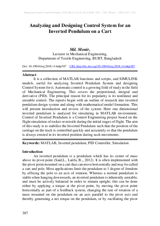 Pdf Analyzing And Designing Control System For An Inverted Pendulum
