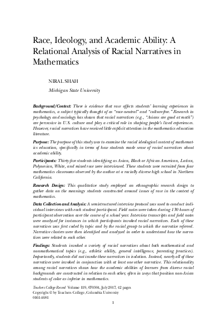 (PDF) Race, Ideology, and Academic Ability: A Relational Analysis of Racial Narratives in ...