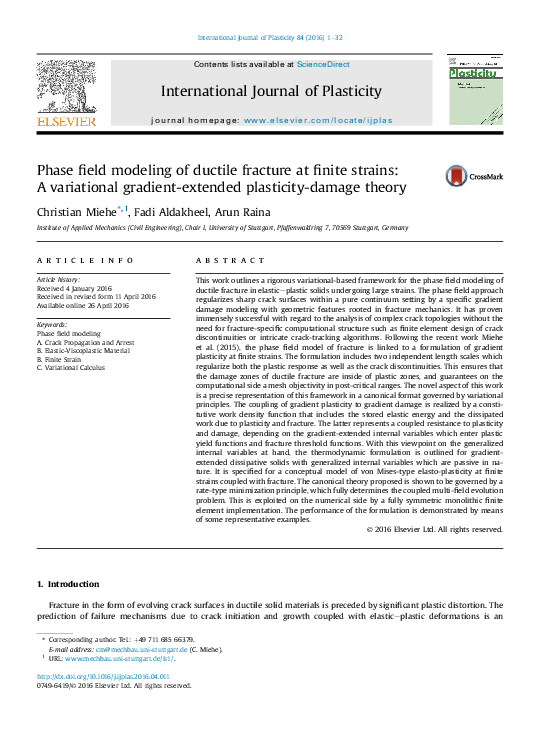Pdf Phase Field Modeling Of Ductile Fracture At Finite Strains A