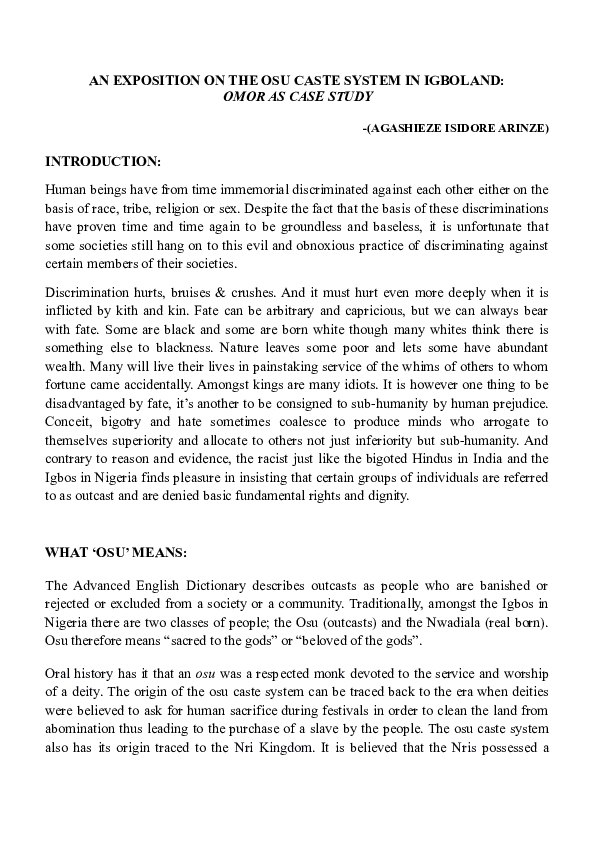 (DOC) AN EXPOSITION ON THE OSU CASTE SYSTEM IN IGBOLAND: OMOR AS CASE STUDY