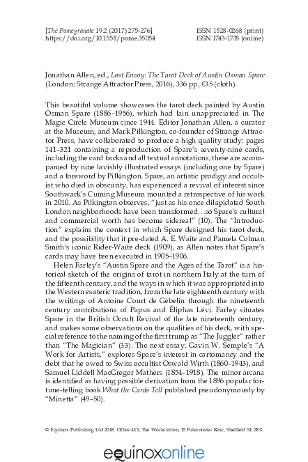 (PDF) Review of Jonathan Allen (ed.), Lost Envoy: The Tarot Deck of ...