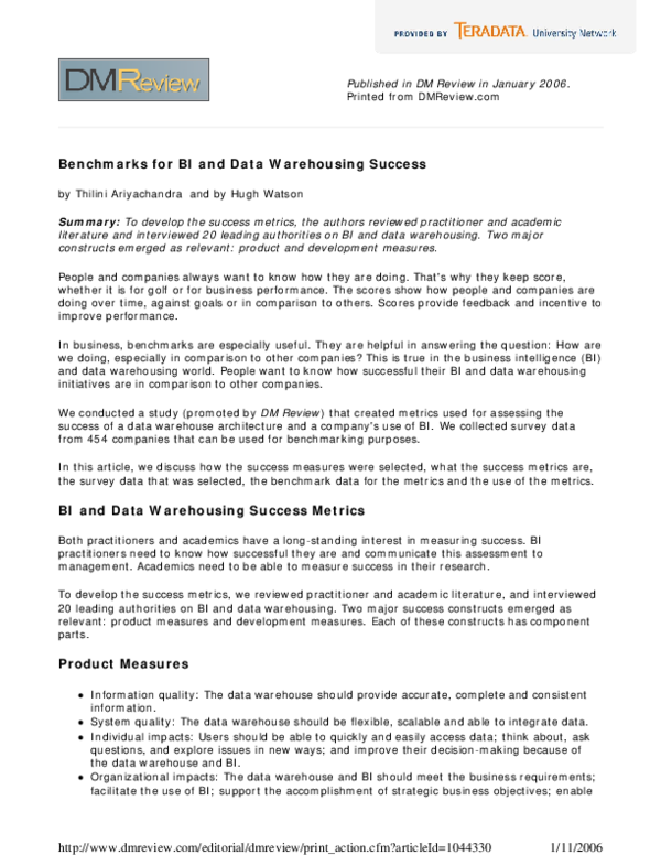 (PDF) Benchmarks for BI and Data Warehousing Success
