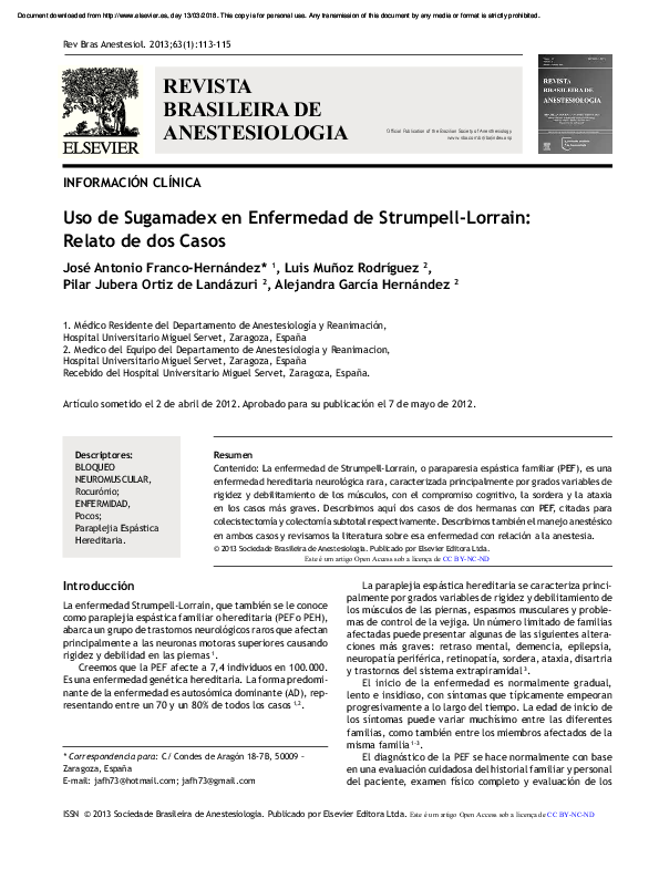 (PDF) Uso de sugamadex em doença de Strumpell-Lorrain: relato de dois casos