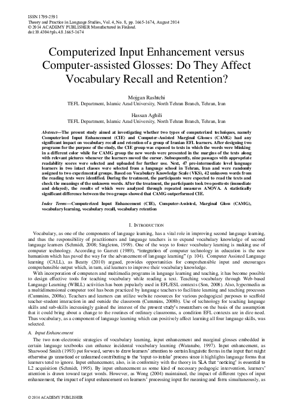 (PDF) Computerized Input Enhancement versus Computer-assisted Glosses: Do They Affect Vocabulary ...