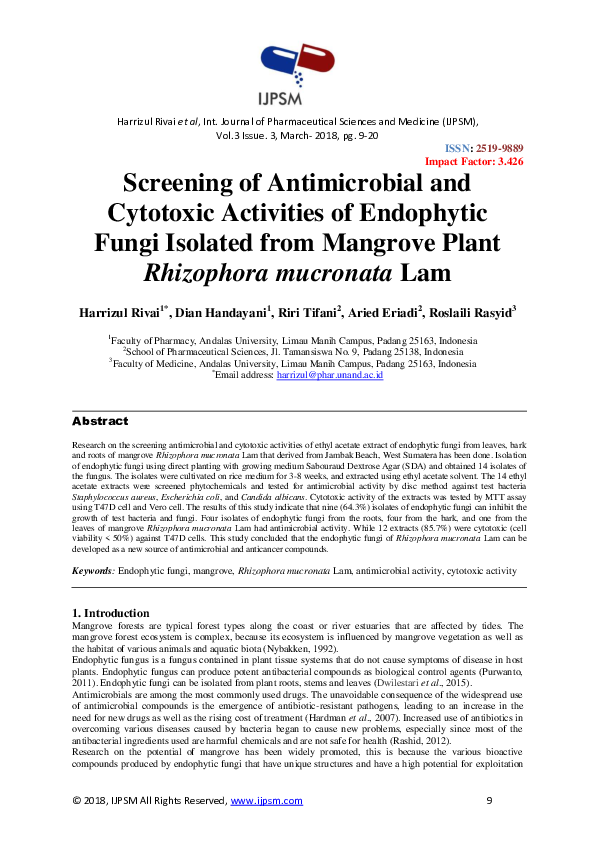(PDF) Screening of Antimicrobial and Cytotoxic Activities of Endophytic Fungi Isolated from ...