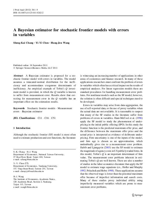 Pdf A Bayesian Estimator For Stochastic Frontier Models With Errors