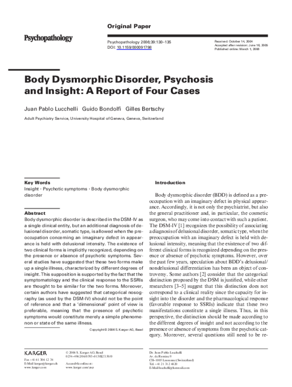 (PDF) Body Dysmorphic Disorder, Psychosis and Insight: A Report of Four ...