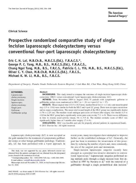 (PDF) Prospective randomized comparative study of single incision laparoscopic cholecystectomy ...
